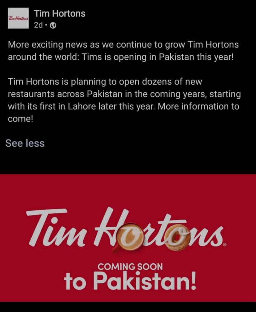 Tim Hortons to Begin its Operations in Pakistan Real Soon